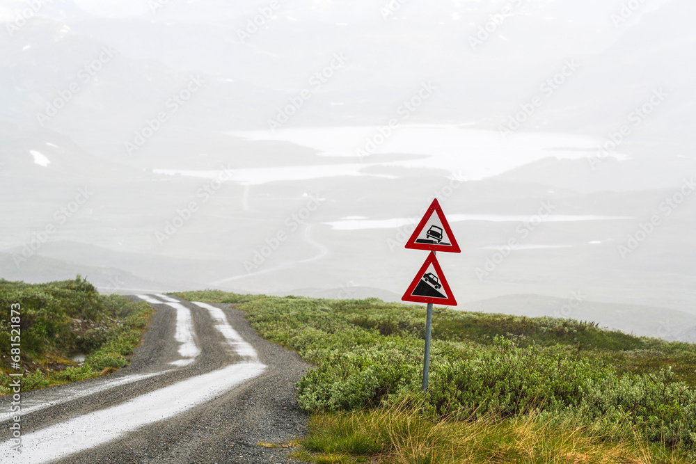 Warning road signs in mountains Stock Photo | Adobe Stock