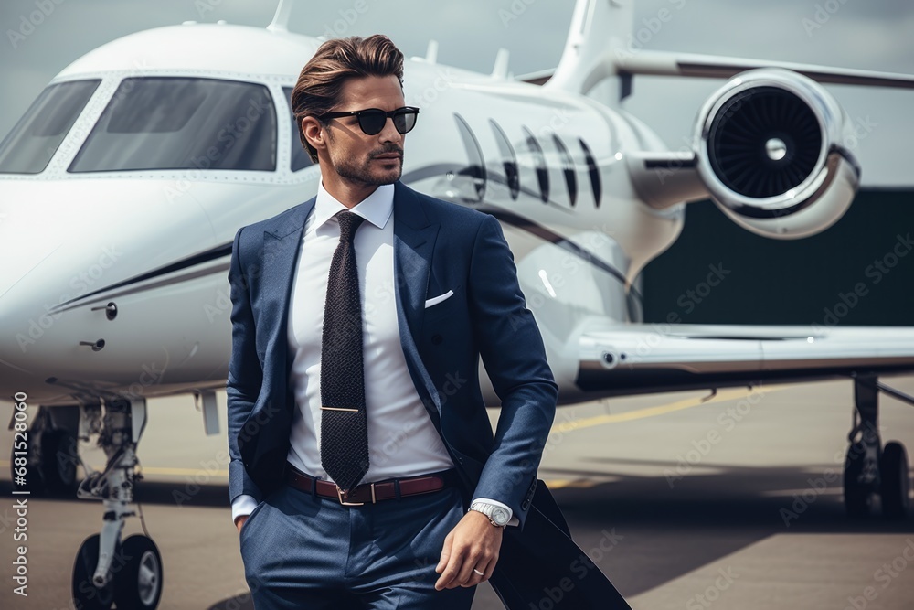 Rich Person In Business Suit On Airport Runway With Private Jet Stock ...