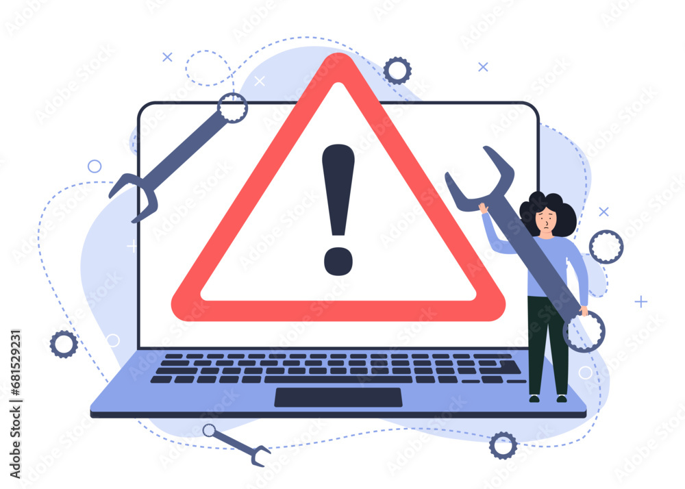 Illustration of a broken laptop. Error warning sign on the screen. Vector image of a broken or ...
