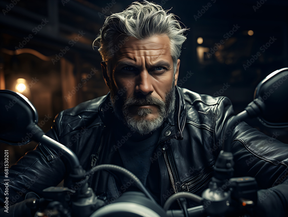 mature middle age male hipster astride motorcycle. Portrait of senior ...