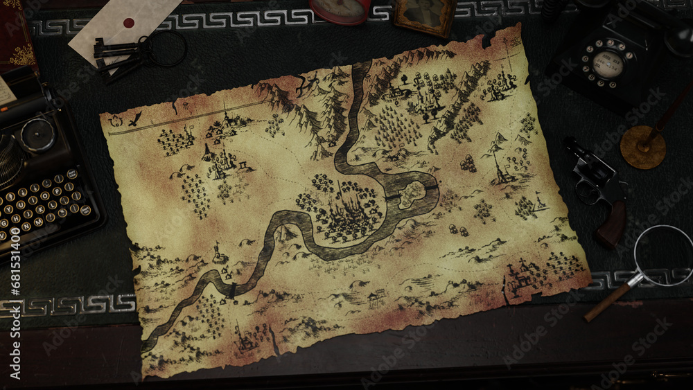 3d rendering of a desk and an expanded vintage map of a fantasy fantasy ...