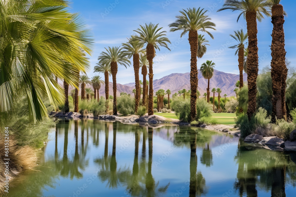 life-giving sanctuary of desert oasis, embodying palm trees, reflection ...