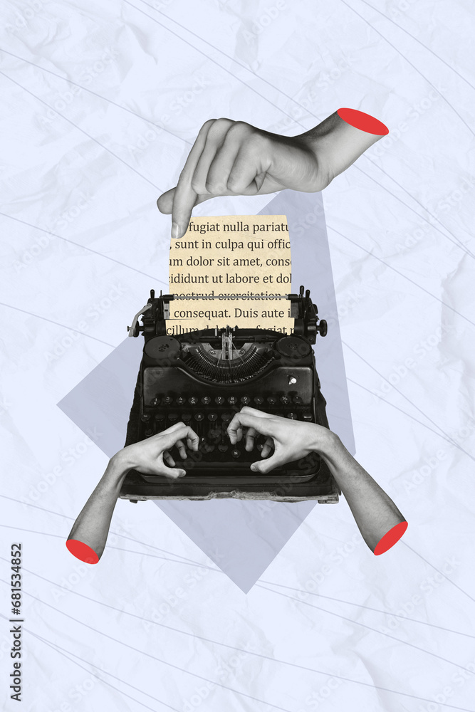 Magazine picture sketch collage image of arms typing vintage typewriter ...