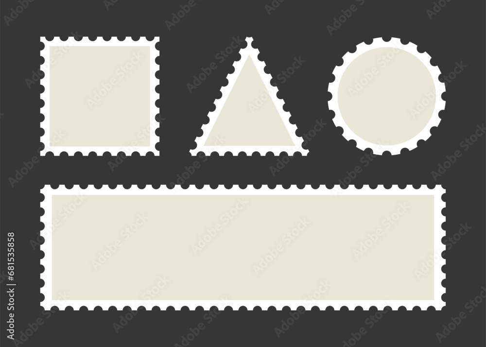 Post stamps. Empty stamps set. Postal shapes border. Blank frames for mail letter. Postage ...