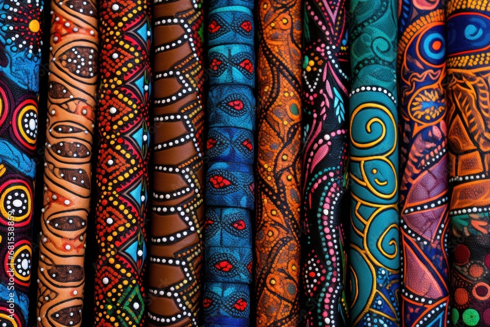 Collection of ethnic and tribal fabrics rolled up and arranged in row ...