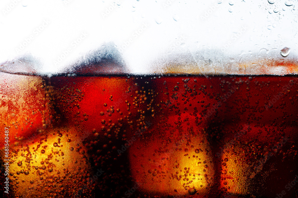 Close-up shot of cola and ice isolated on white background,macro cola texture,Side view ...