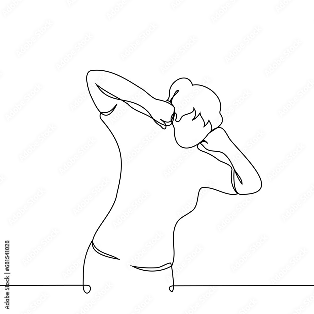 woman bent over with her arms bent at the elbows and holding his head ...