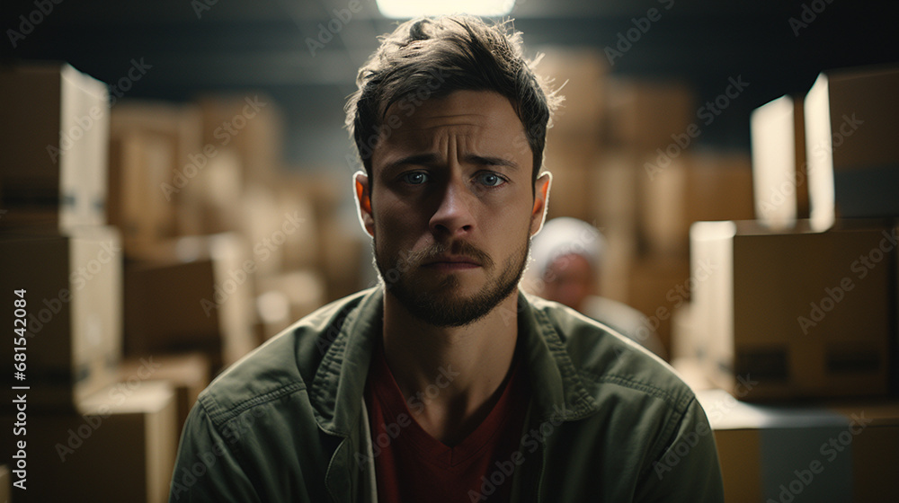 caucasian man, 20s, indoor in a room surrounded by cardboard boxes ...