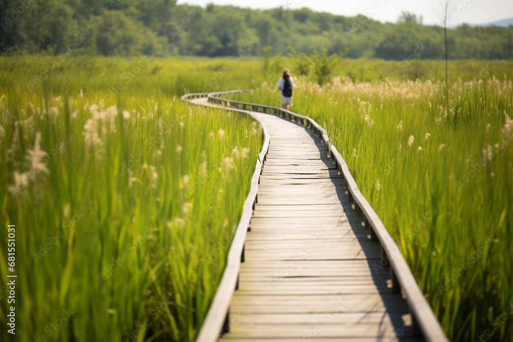 invites viewer to stroll along boardwalk through coastal marsh ...