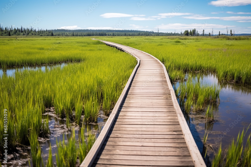 invites viewer to stroll along boardwalk through coastal marsh ...