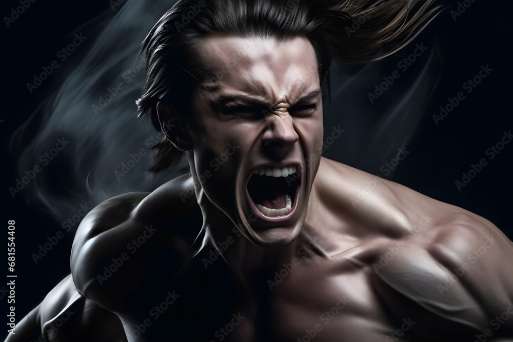 bodybuilder athlete screaming on black background. Neural network AI ...