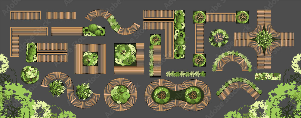 Top view of furniture for the architectural landscape plans. Benches ...