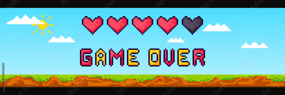 Inscription Game Over on the background of a pixel art game landscape ...