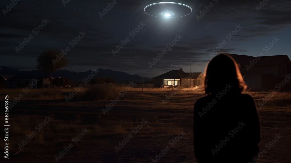 Silhouette of a person looking at UFO in sky desert landscape. Concept ...
