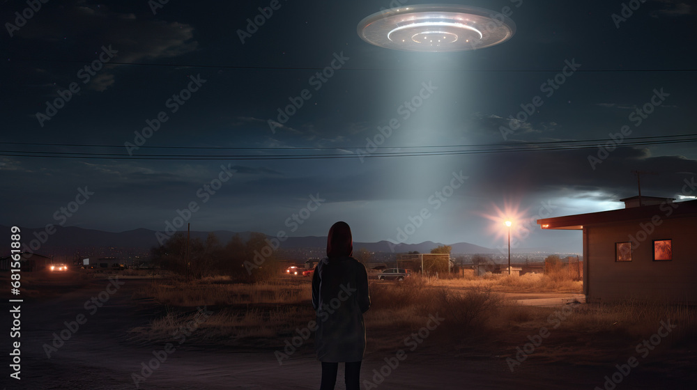 Woman looking up at UFO in night sky mysterious. Concept of UFO ...