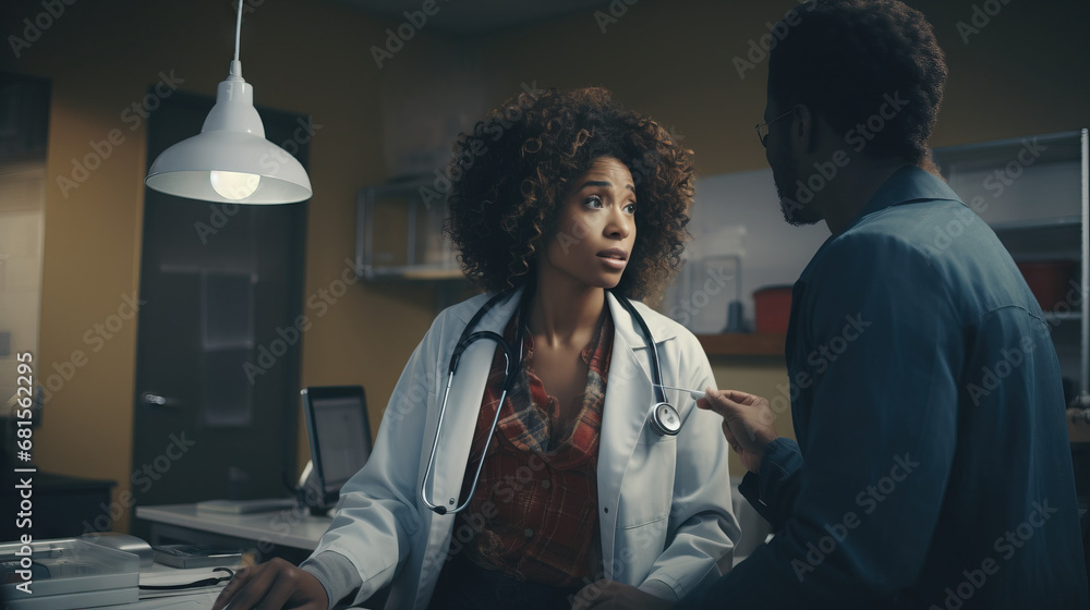 African American doctor with afro talking to patient in doctors office ...