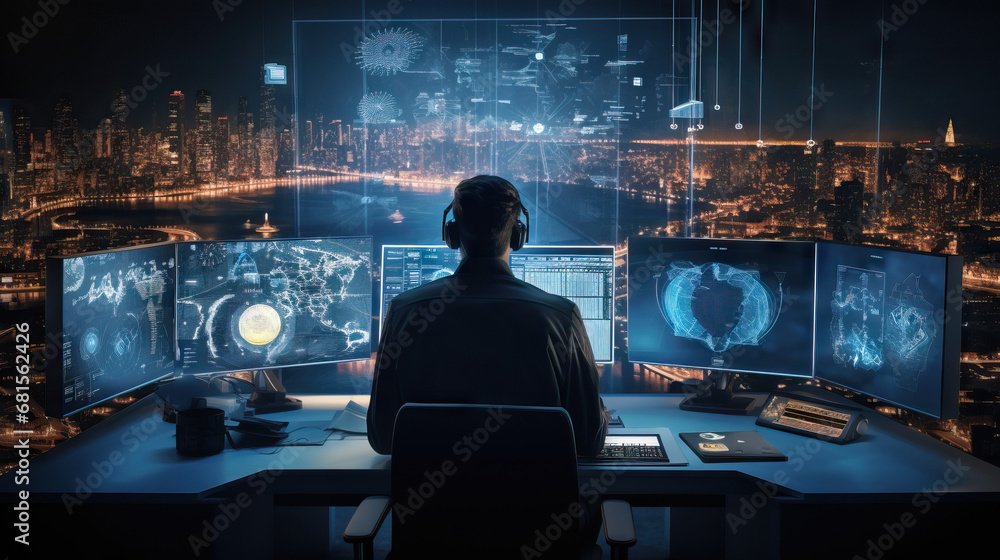Man sitting at future technology work desk. Blue lights and tech ...