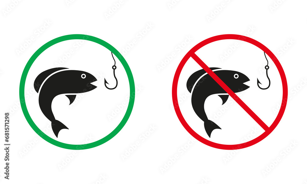 Fishing Warning Sign. Fish Silhouette Icons Set. Catch Fish in Lake and ...