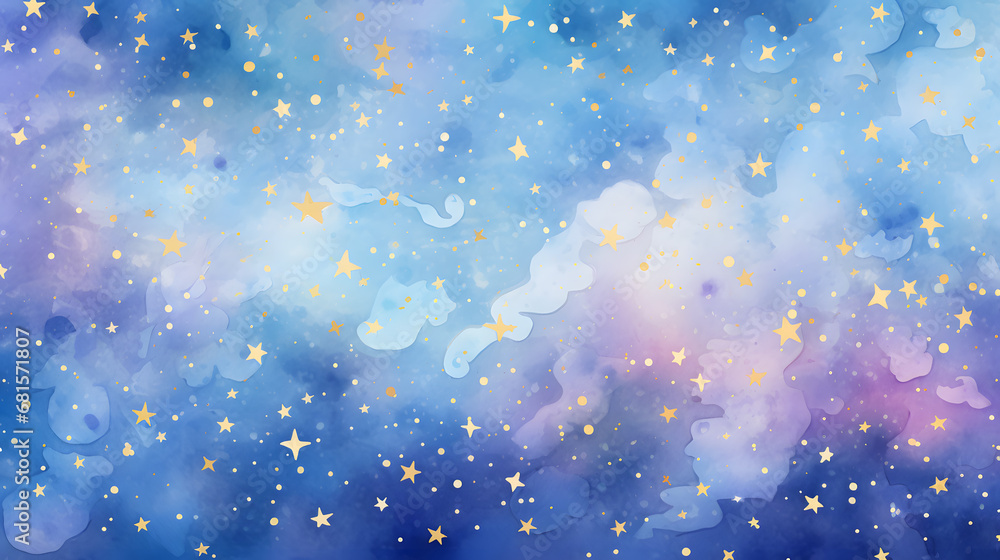 Starry night in pink and purple colors and golden stars hand drawn ...