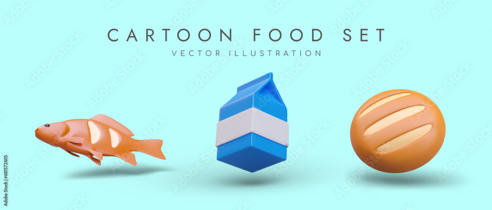Cartoon food set. Collection with pack of milk, fish, and tasty round ...