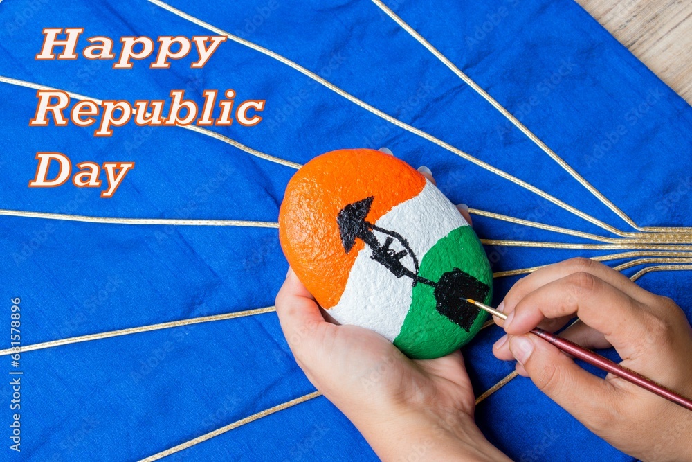Happy Republic Day of India . Hand painting stone with flag tricolor ...