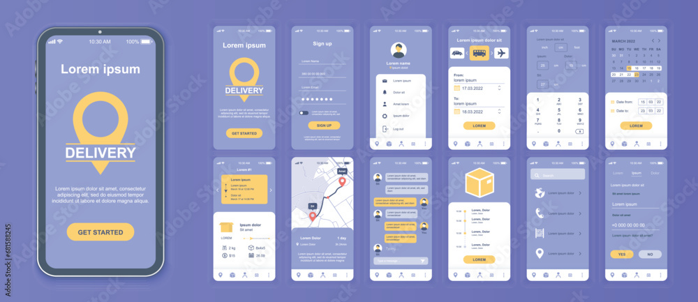 Delivery mobile app interface screens template set. Account login ...