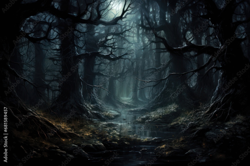 a painting of a dark forest with a stream running through the center of ...
