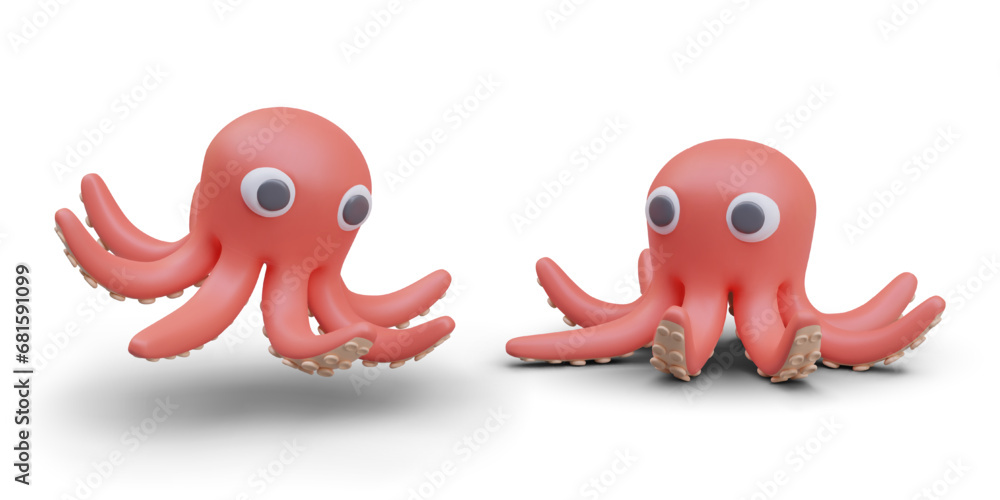 Set of vector octopuses in different positions. Colorful sea characters ...