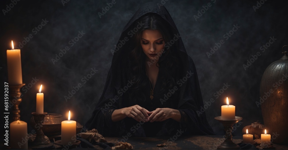 Image capturing a mysterious dark witch engaged in a divination ritual ...