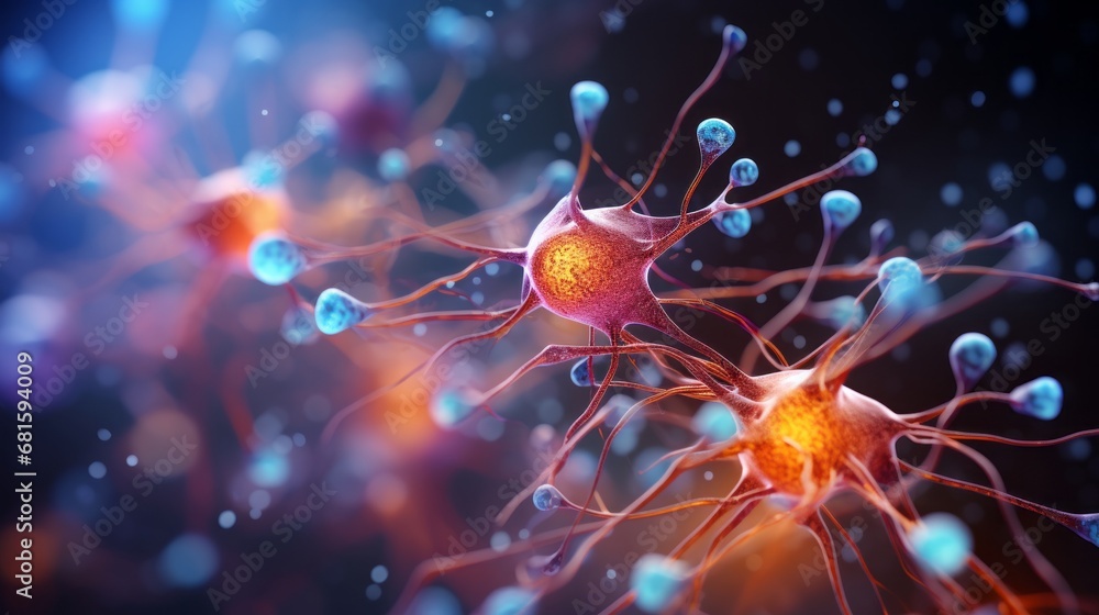 Neural network with electrical activity of neuron cells, 3D rendering illustration. Neuroscience ...