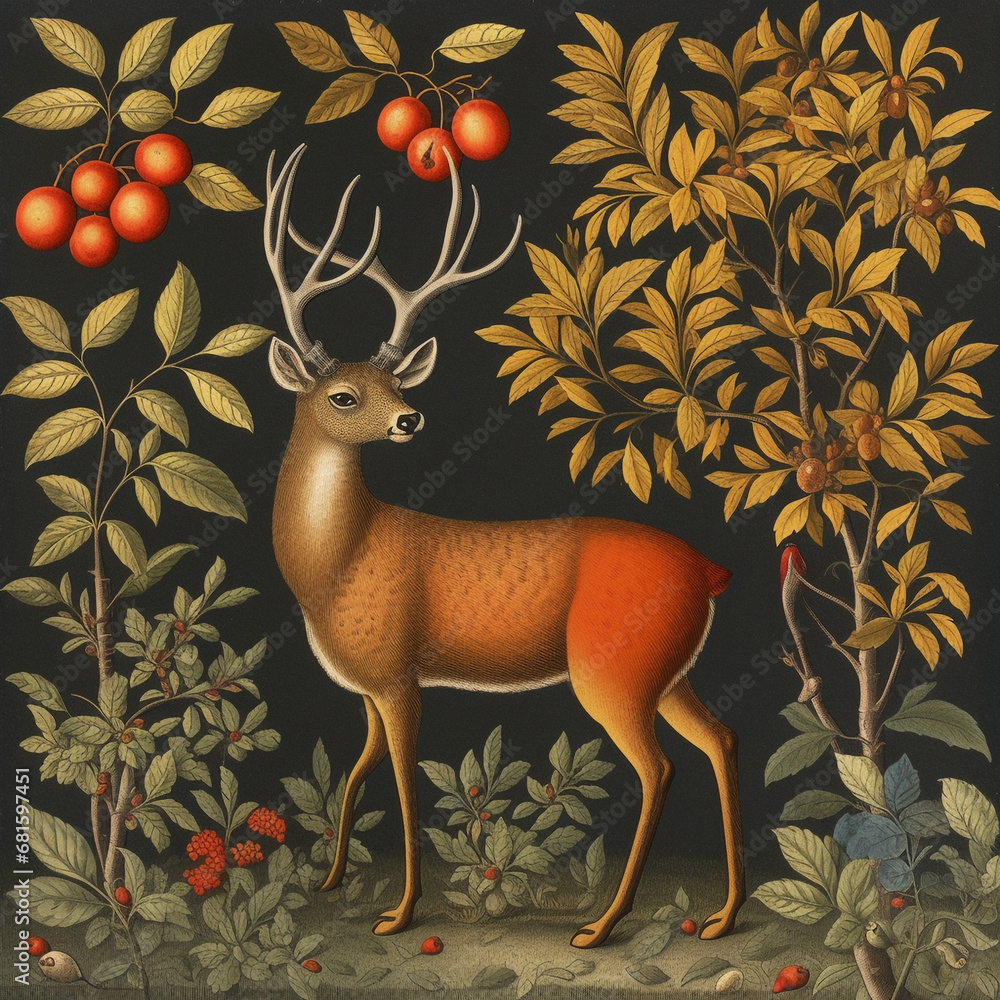 Colorful composition of a young deer in a floral botanical environment ...