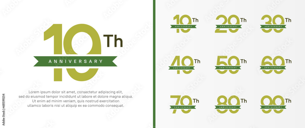 set of anniversary logo green color number and green ribbon on white ...