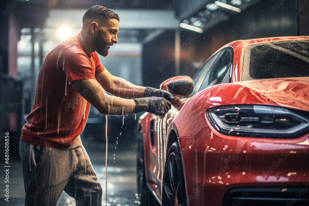 Car Wash Expert Using Water Pressure Washer to Clean a Red Modern ...