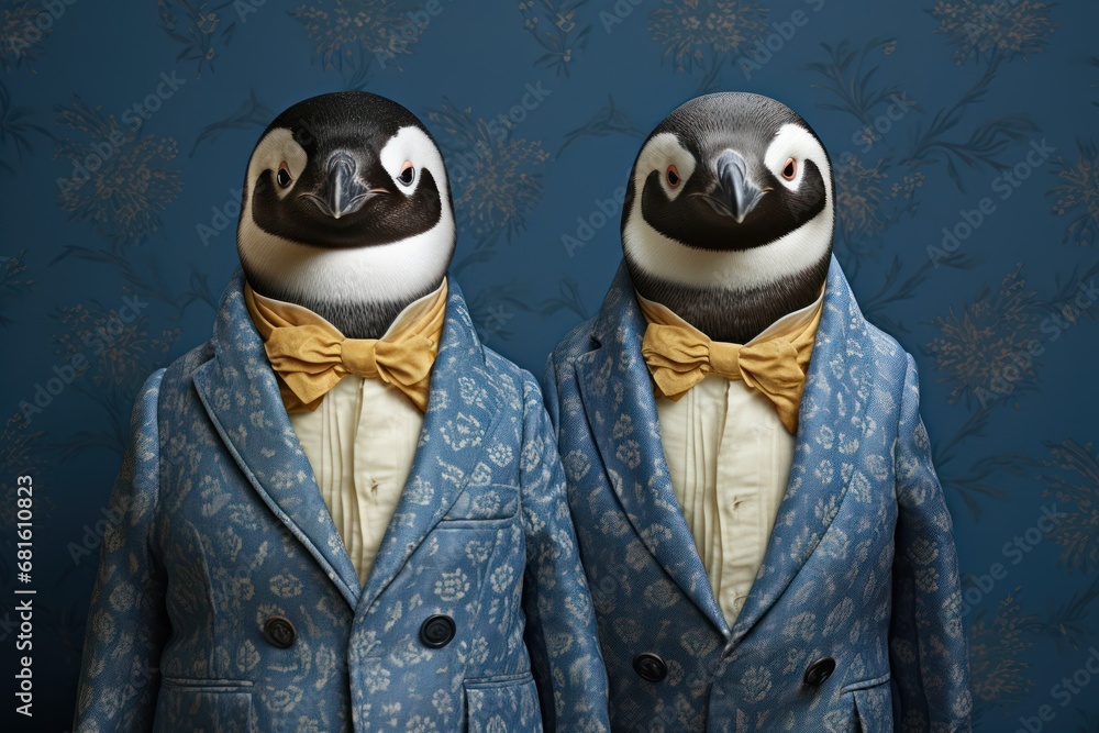 a penguin dressed in a blue suit and yellow bow tie standing next to ...