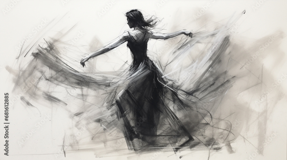 Black charcoal pencil drawing of a young active ballet dancing lady in ...