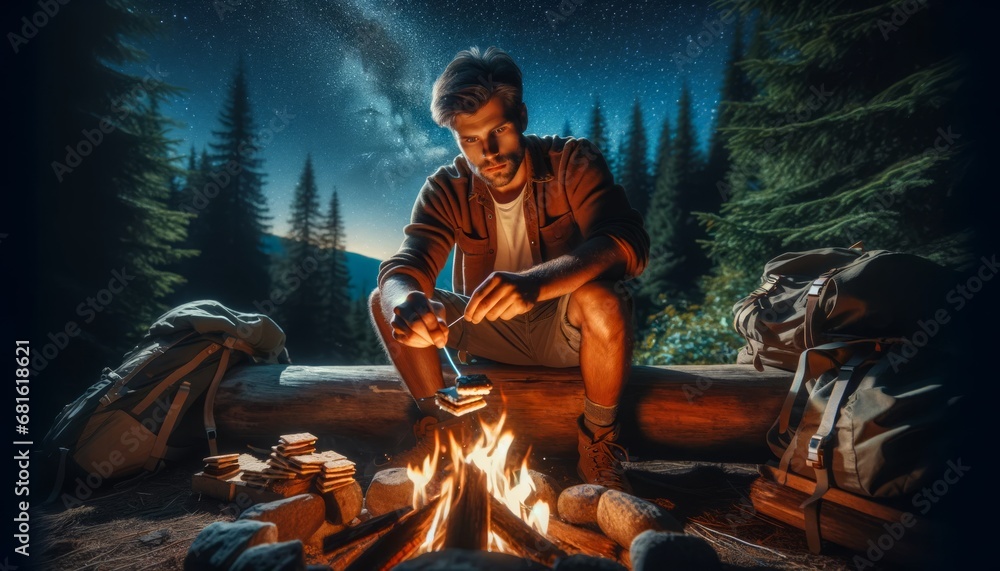 An Adventurer Cooking S'mores by a Crackling Campfire under a Starry ...