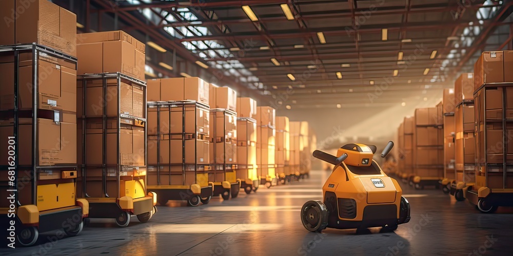 Automated warehouse. Industrial autonomous warehouse. AGV near shelves ...