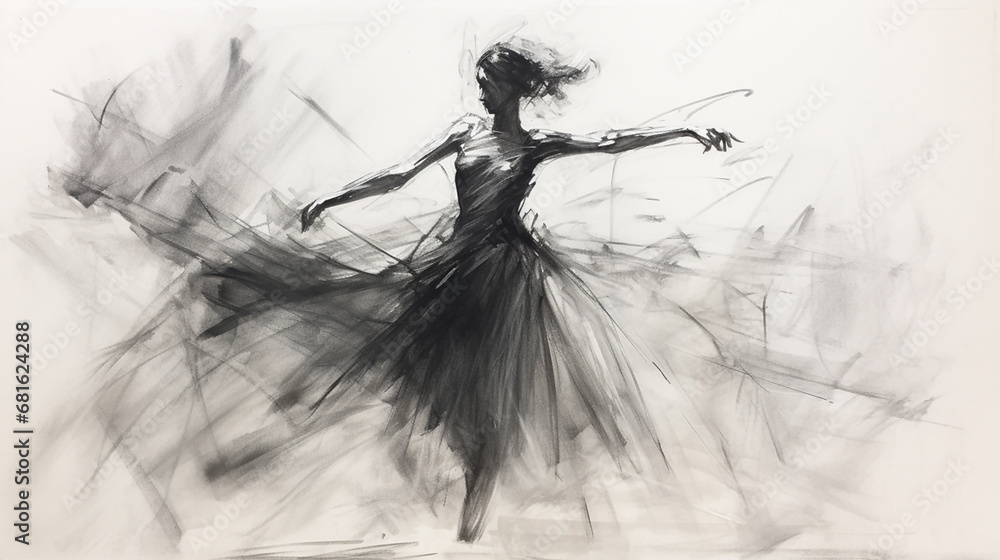 Black charcoal pencil drawing of a young active ballet dancing lady in ...
