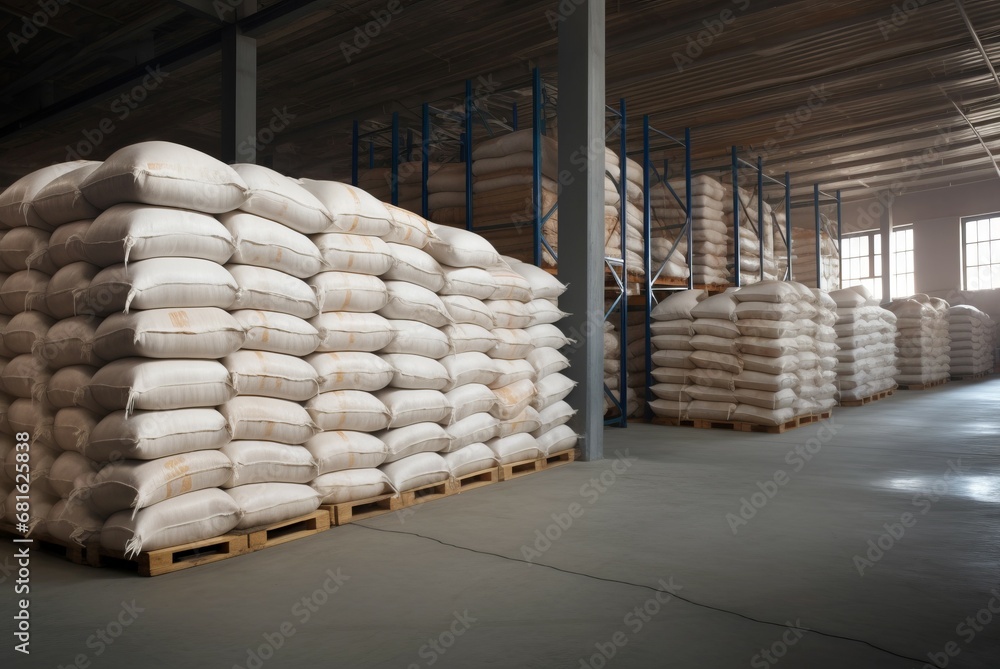 Sacks goods stacked in modern warehouse. Industrial factory storage ...