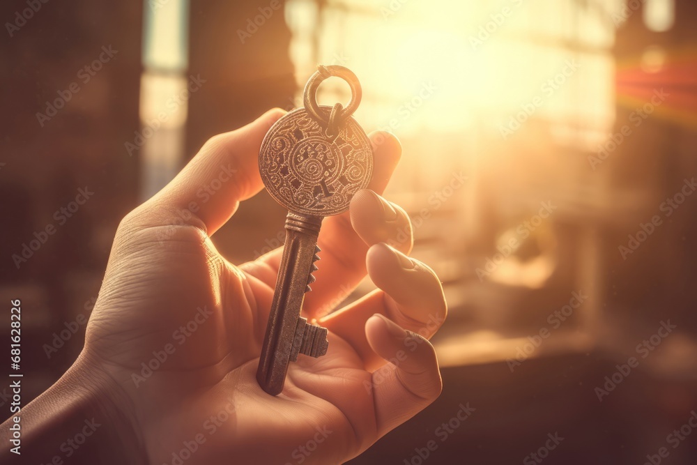 Hand holding antique key in bright light. Safety ancient clue artifact ...
