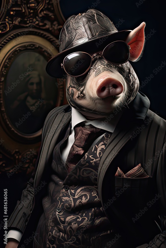 Pig dressed in an elegant modern suit with a nice tie. Fashion portrait ...