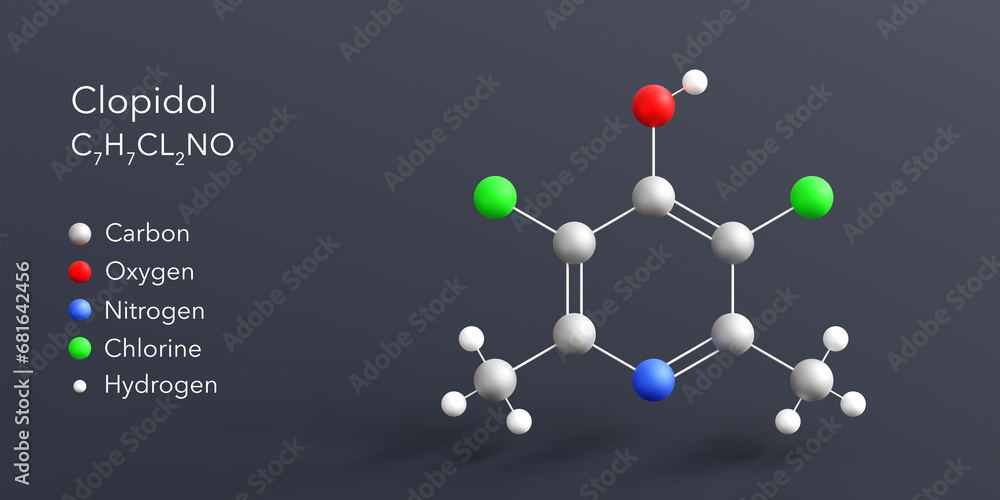 clopidol molecule 3d rendering, flat molecular structure with chemical ...