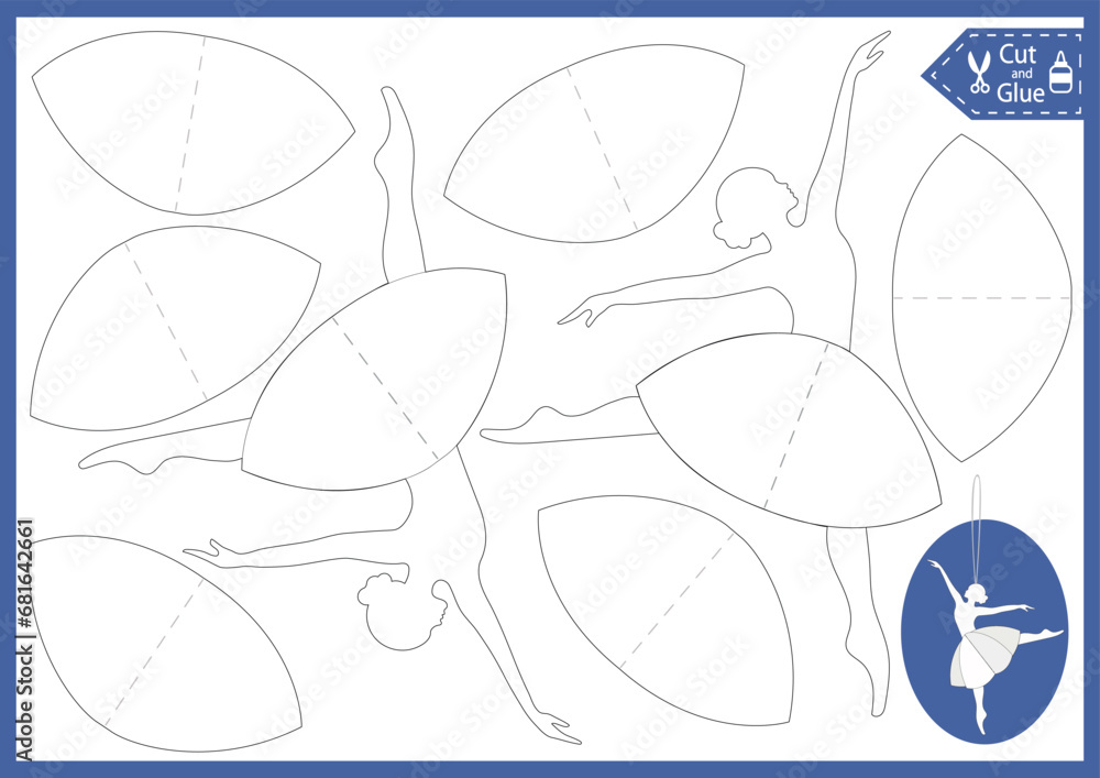 Craft for kids template cut and glue paper 3d ballerina. Children easy ...