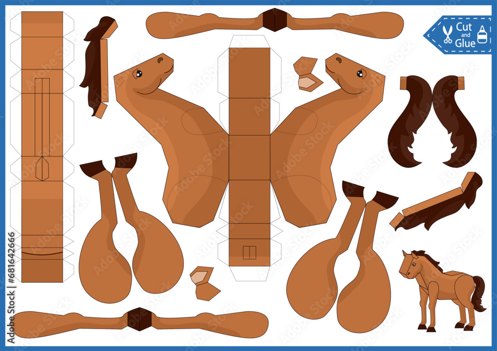 Craft for kids cut and glue paper 3d horse. Children papercraft ...