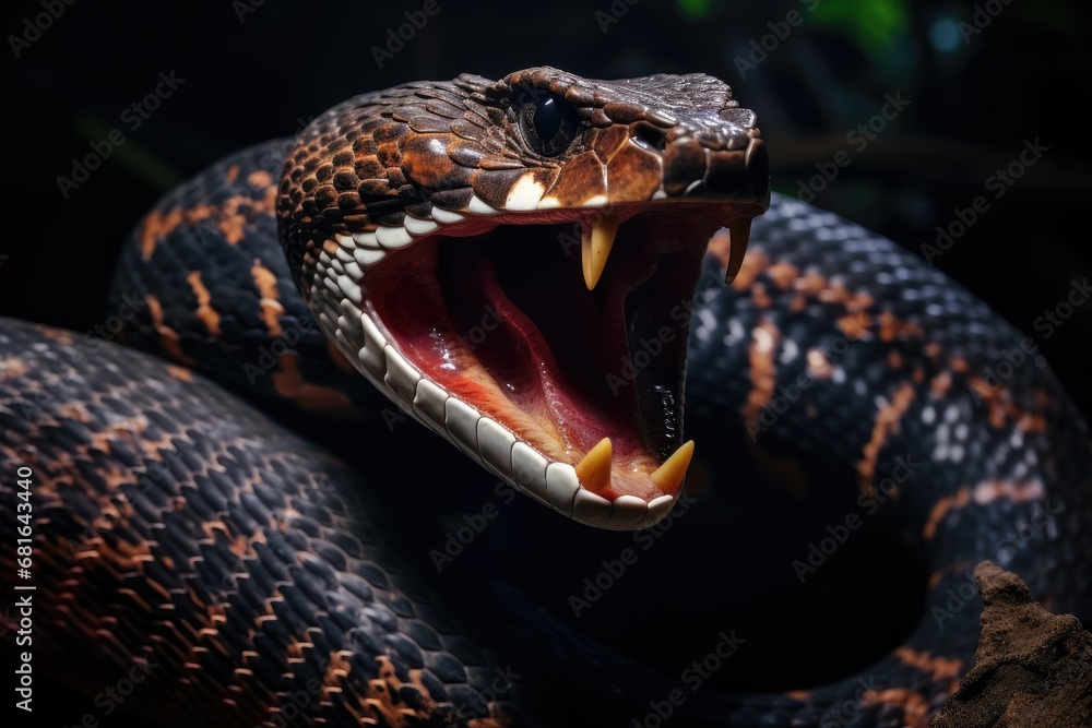Close-up of the head of a pit viper with open mouth, a large snake with ...