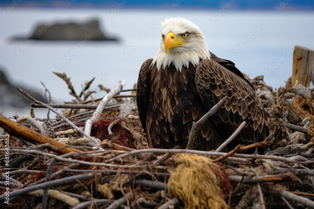 Bald Eagle Haliaeetus leucocephalus nesting in a nest on the Pacific ...