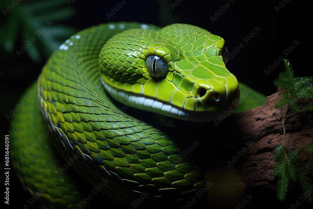 Green pit viper Reticulated pit viper on dark background, Green ...