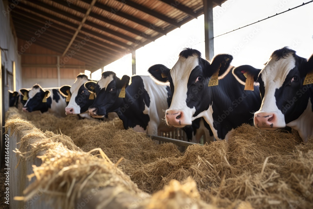 Cows in a stable at a farm. Animal husbandry, Group of cows at cowshed ...