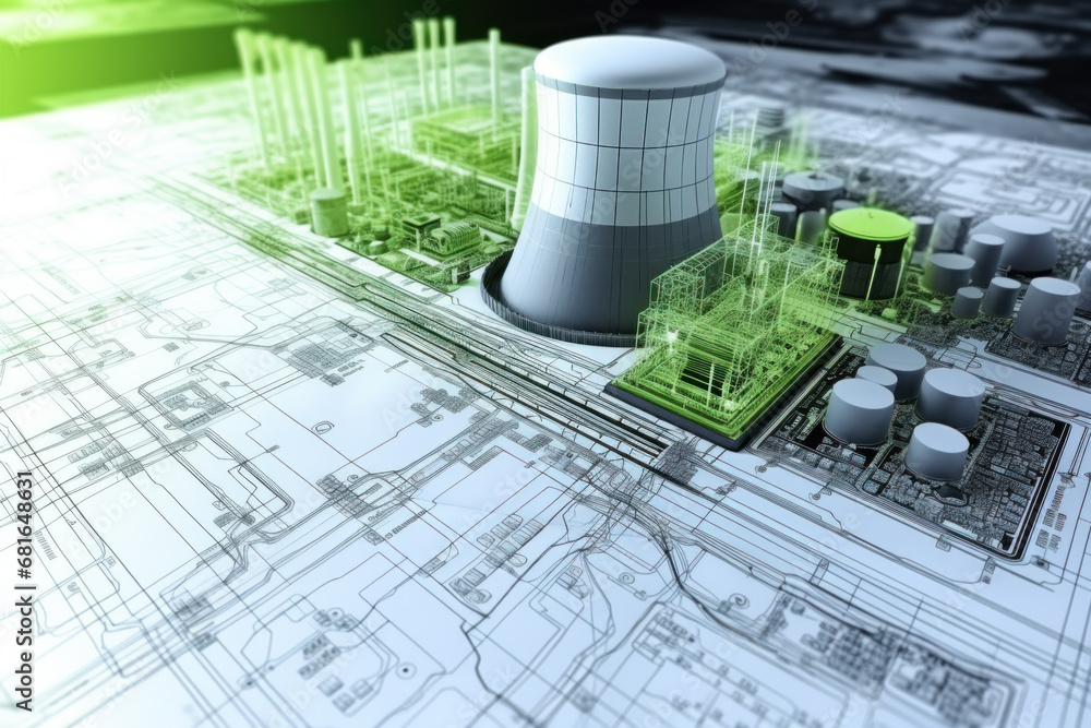 Nuclear power station design plans and 3D model Stock Photo | Adobe Stock