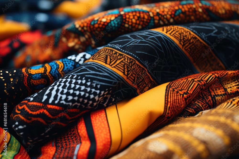 Colorful traditional African fabrics and patterns on display. Cultural ...